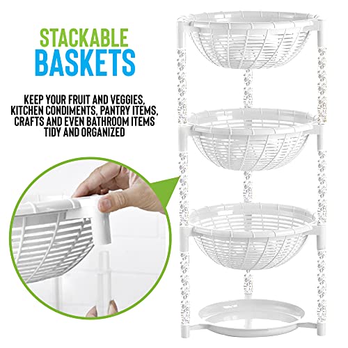 Uncluttered Designs Stacking Basket Bins (3 Tier + Plate) β Display for Fruit, Potato, Onion & Produce β Crafts, Art Supplies & Housewares Organizer β Bedroom & Bathroom Organization & Storage (White)