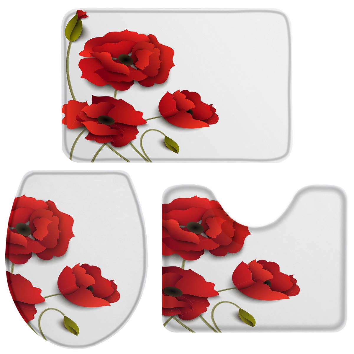 EZON-CH 3pcs Bath Rug Set Memory Foam Non-Slip Bathroom Rug Contour,Mat and Toilet Lid Cover,Red Poppy Flower Pattern Bathroom Rugs,18"x30"+14"x18"+15"x18"