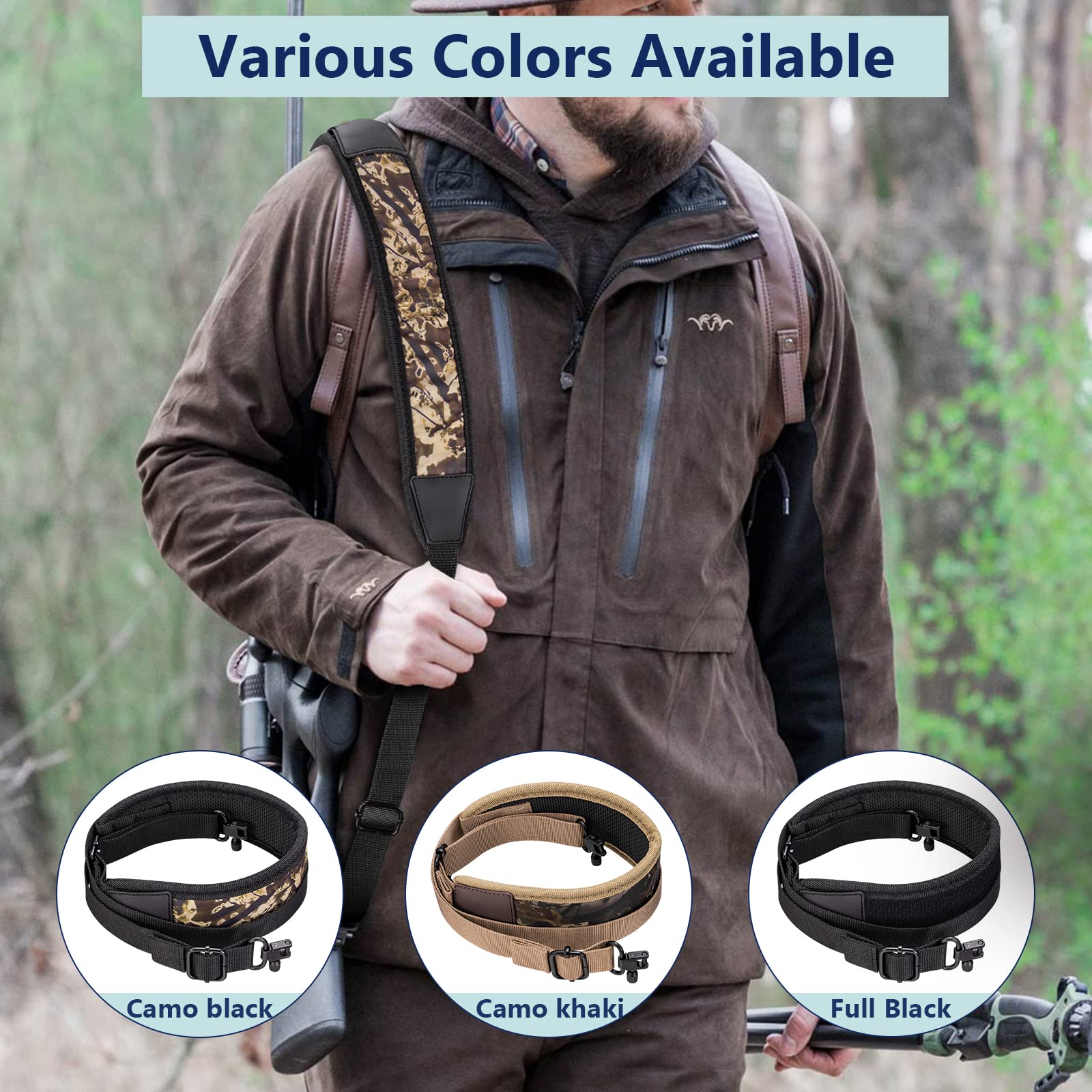 EZshoot Two Point Sling Rifle Sling with Swivels, Gun Sling Comfortable Neoprene Padded Shotgun Sling, Rifle Shoulder Strap Length Adjustable for Outdoors Camo Black