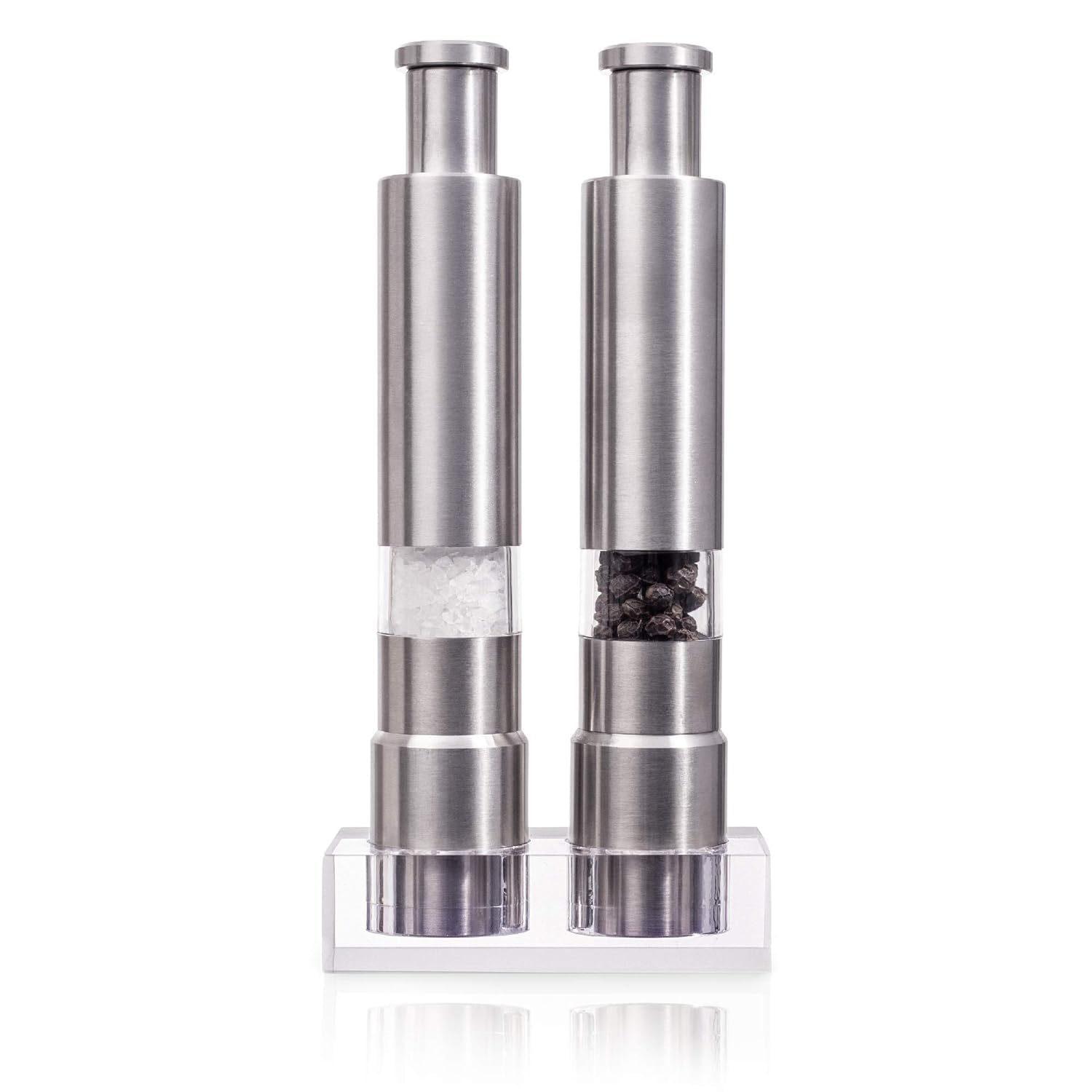 Click n’ Spice Salt and Pepper Grinder Set, Spice Grinders, Salt and Pepper Mill, Shaker, Thumb Press, Stainless Steel, 2 Pack