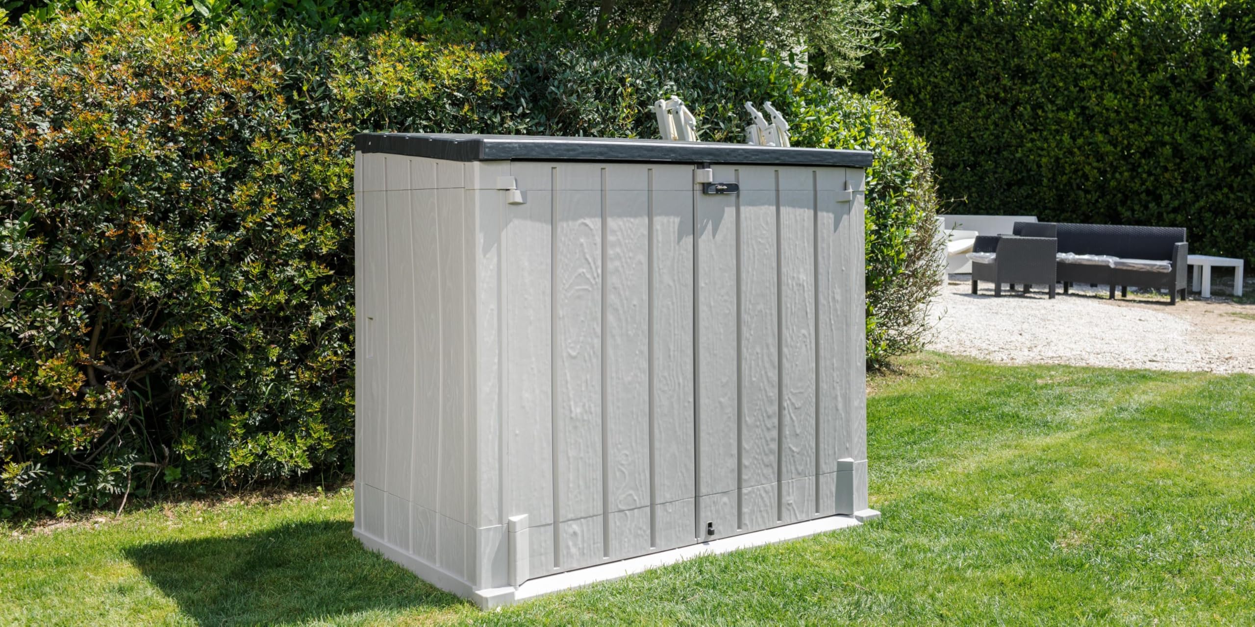 Toomax Stora Way All Weather Outdoor XL Horizontal Storage Shed Cabinet for Trash Can, Garden Tools, and Yard Equipment, Taupe Gray and Anthracite