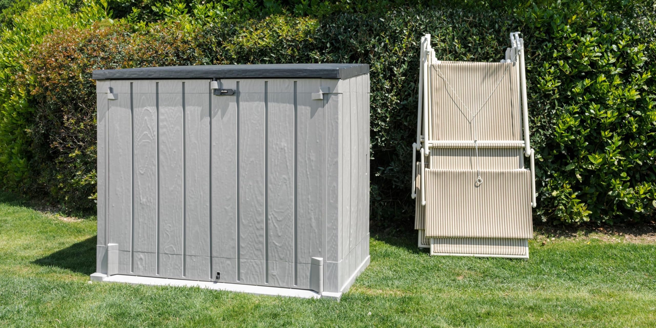 Toomax Stora Way All Weather Outdoor XL Horizontal Storage Shed Cabinet for Trash Can, Garden Tools, and Yard Equipment, Taupe Gray and Anthracite