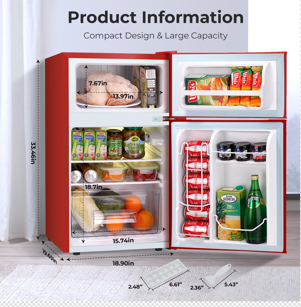 R.W.FLAME mini Refrigerator with Freezer,Retro Small Fridge 3.2 Cu.Ft Double 2-Door,Energy Saving,Mini Refrigerator, Adjustable Removable Shelves,retro mini fridge for bedroom,Office, Home, Red