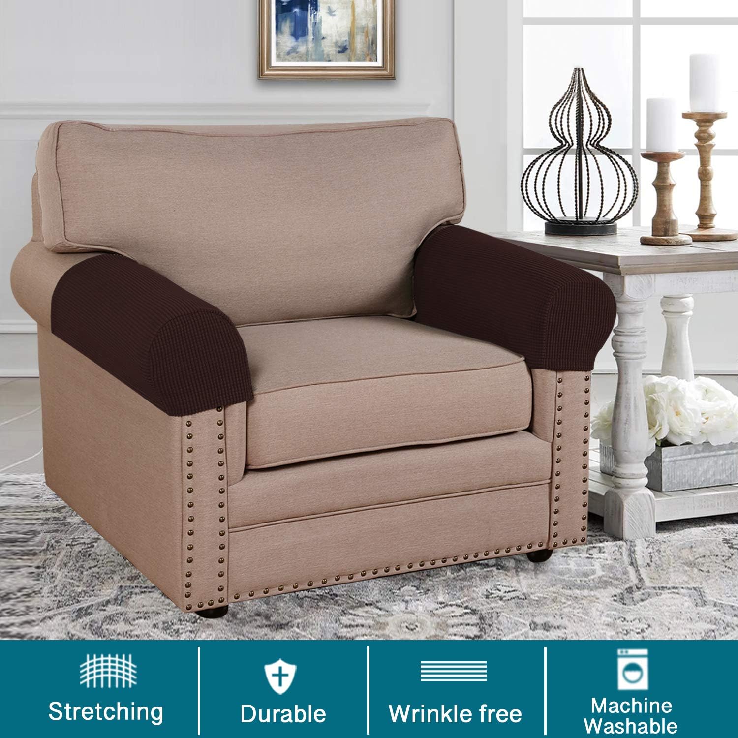 Turquoize Stretch Armrest Covers for Chairs and Sofas Couch Arm Covers for Sofa Spandex Jacquard Armrest Covers Anti-Slip Furniture Protector Washable Armchair Slipcovers for Recliner Set of 2, Brown