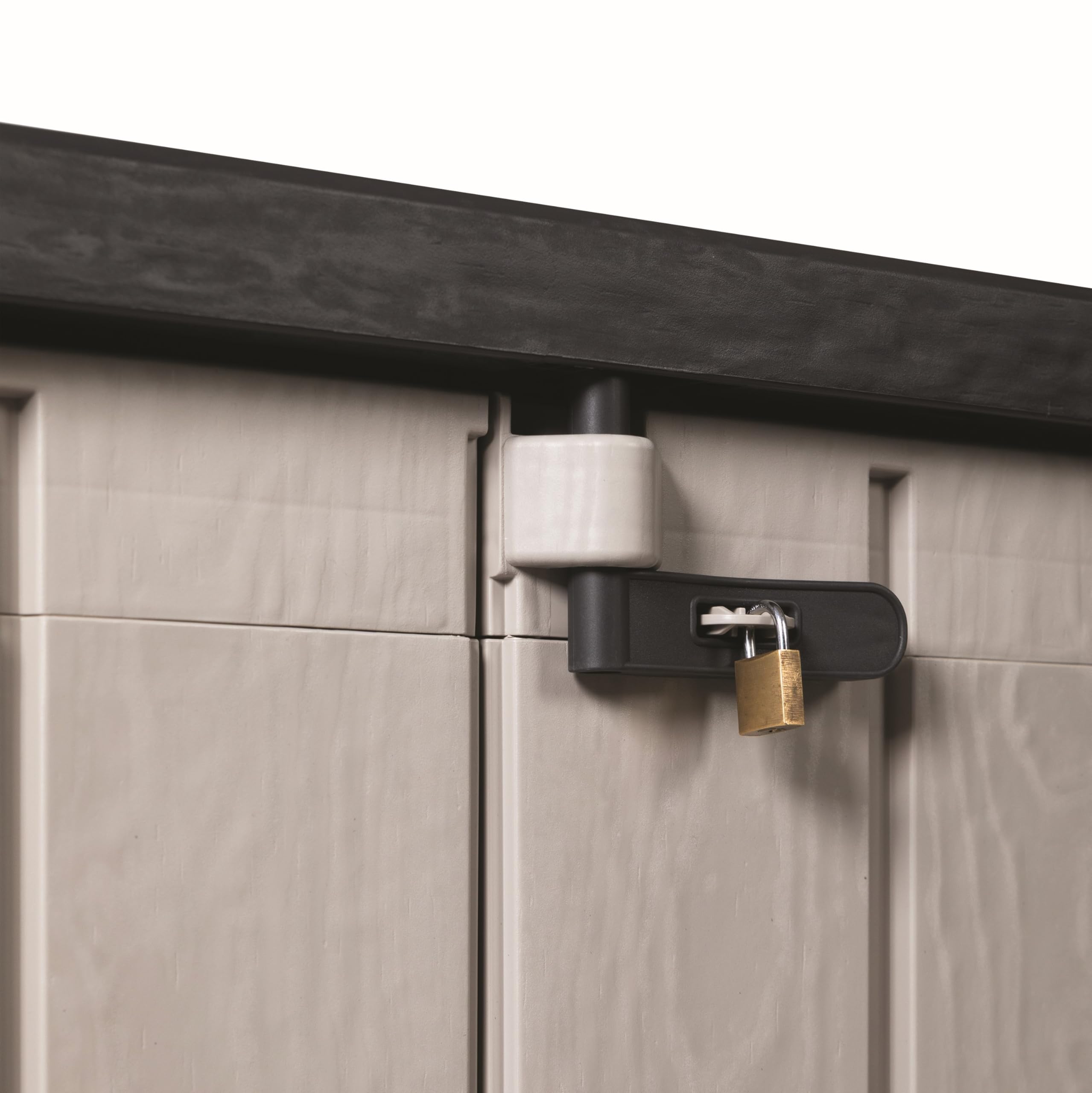 Toomax Stora Way All Weather Outdoor XL Horizontal Storage Shed Cabinet for Trash Can, Garden Tools, and Yard Equipment, Taupe Gray and Anthracite