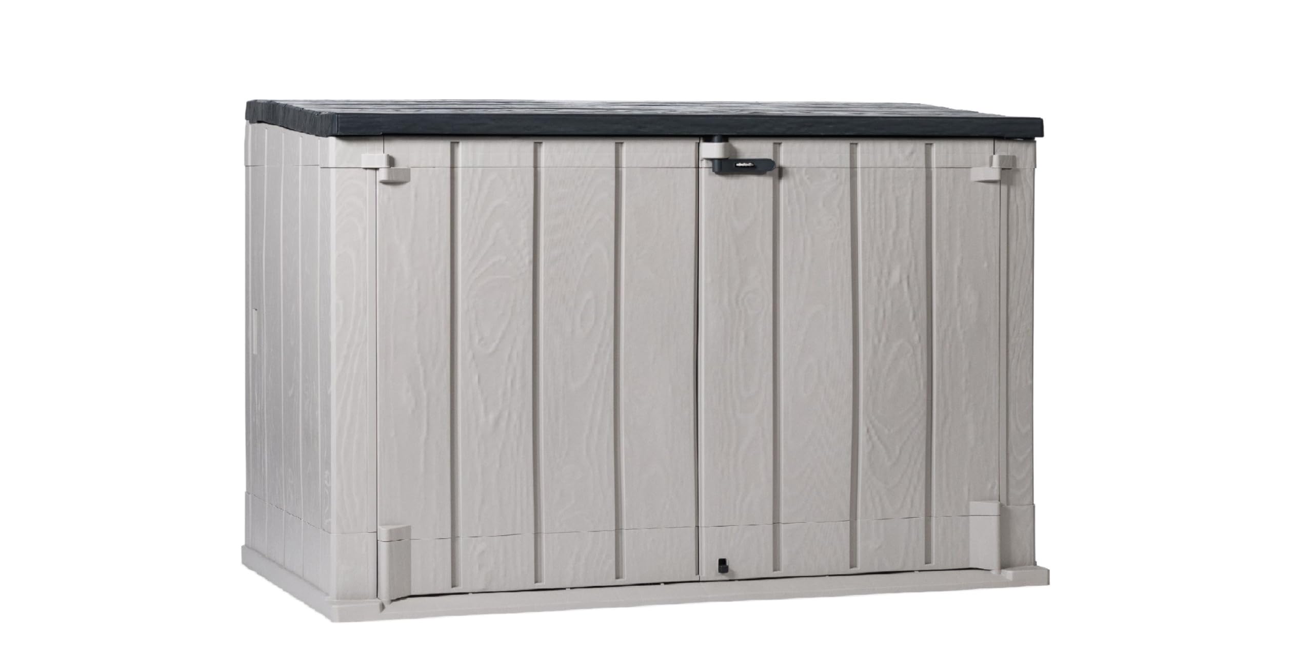 Toomax Stora Way All Weather Outdoor XL Horizontal Storage Shed Cabinet for Trash Can, Garden Tools, and Yard Equipment, Taupe Gray and Anthracite