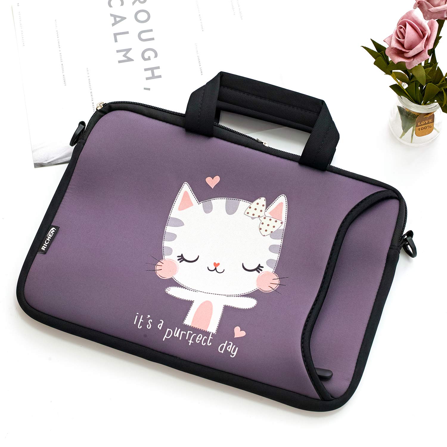 RICHEN 10 inch Messenger Bag Carrying Case Sleeve with Handle Accessory Pocket Fits 7 to 10-Inch Laptops/Notebook/ebooks/Kids Tablet/Pad (7-10.2 inch, Cute Cat)