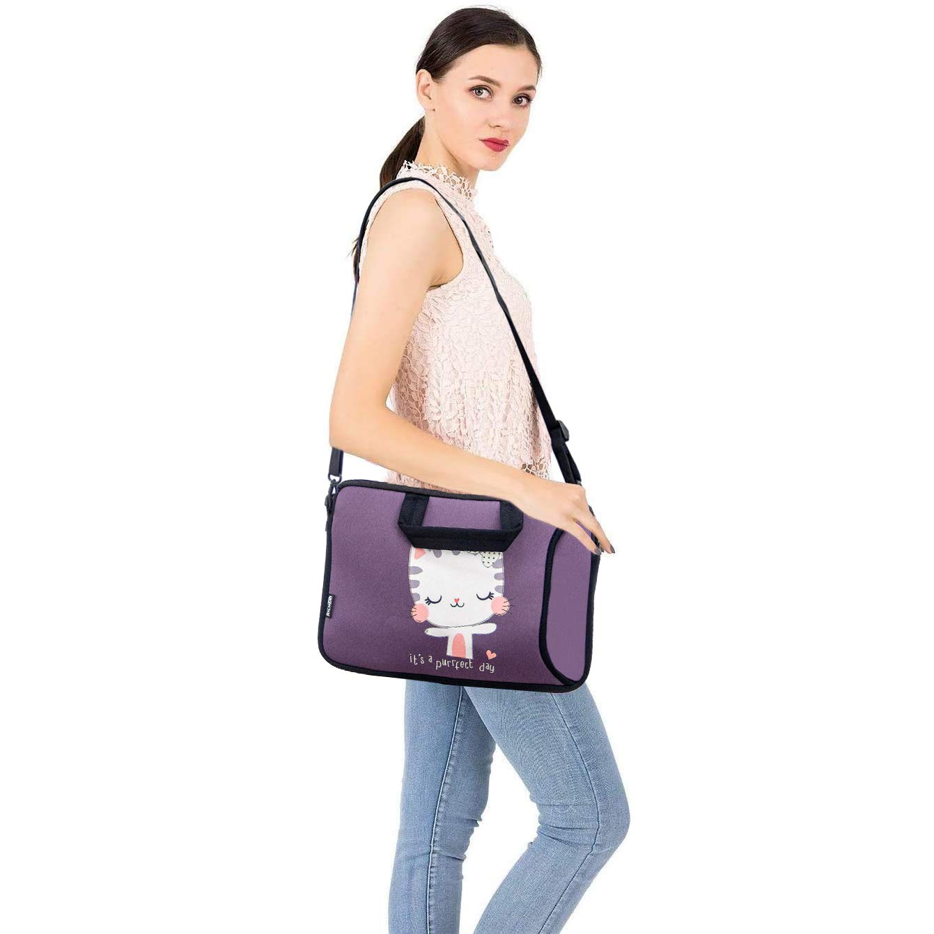 RICHEN 10 inch Messenger Bag Carrying Case Sleeve with Handle Accessory Pocket Fits 7 to 10-Inch Laptops/Notebook/ebooks/Kids Tablet/Pad (7-10.2 inch, Cute Cat)