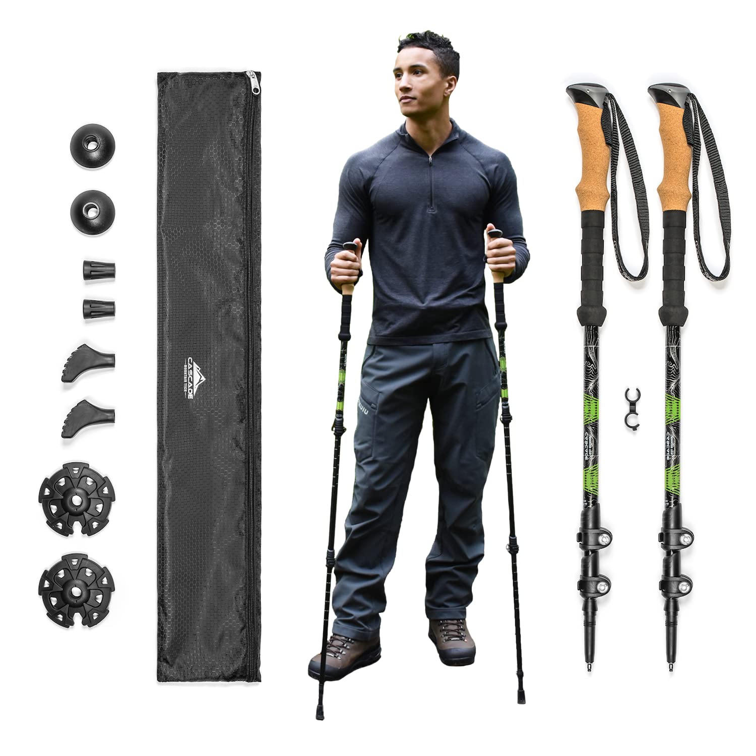 Cascade Mountain Tech Trekking Poles - Aluminum Hiking Walking Sticks with Adjustable Locks Expandable to 54" (Set of 2) , Green