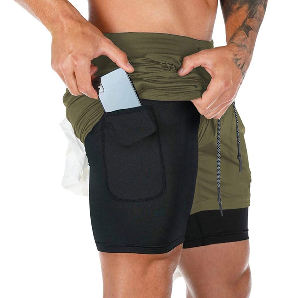 BOOMLEMON Men's 2-in-1 Running Workout Shorts Gym Training Athletic Short Pants with Towel Loop(Army Green M)