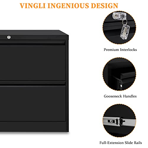 Bonnlo Classic Black 2 Drawer File Cabinets for Home Office, Metal Lockable File Cabinet for Letter/Legal Size File Folders, Wide Lateral File Cabinet and Printer Stand, Simple Assembly Required