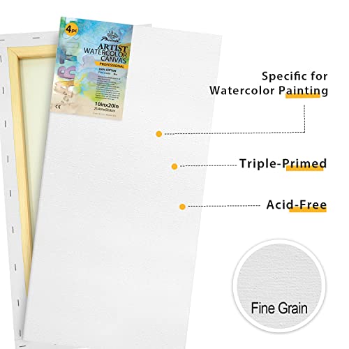 PHOENIX Watercolor Stretched Canvases, 10x20 Inch/4 Pack - 8 Oz, 3/4 Inch Profile, 100% Cotton Triple Primed White Blank Canvases for Watercolor, Acrylic, Gouache, Tempera, Crafts & Pouring Art