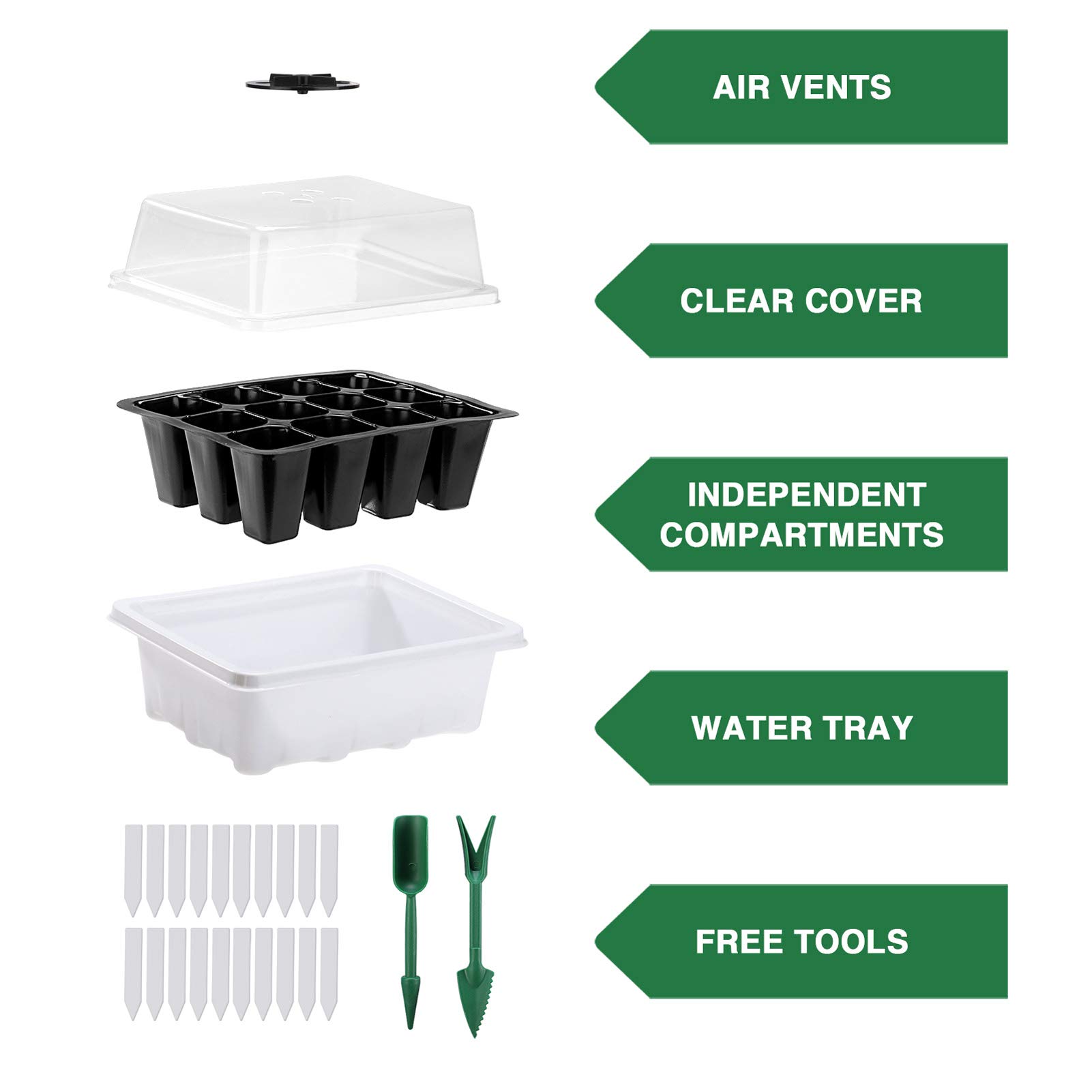 Delxo 10-Pack Seed Starter Kit Seedling Starter Tray (12 Cells per Tray) Humidity Adjustable Plant Germination Kit Garden Seed Starting Tray with Dome and White Base Plus Plant Tags Hand Tool Kit