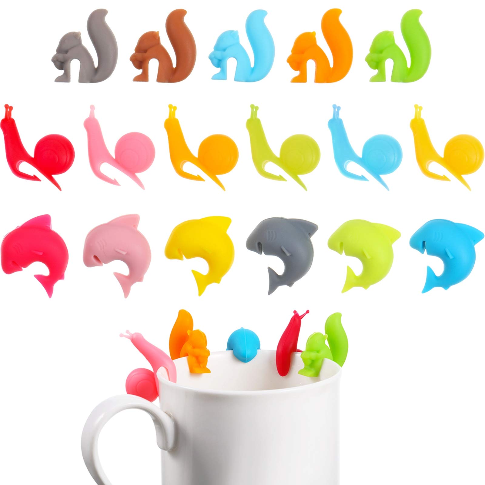 Boao 36 Pieces Tea Bag Holders Silicone Cute Tea Bag Hanger Colorful Animal Shaped for Cup and Mug Markers, Snail Squirrel Shark Shapes