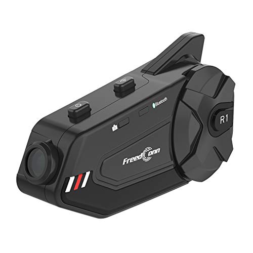 FreedConn Motorcycle Helmet Headset with Camera R1plus Bluetooth Intercom 1000M 6 Riders Waterproof Wireless FM Radio Communication Systems for Most Helmets