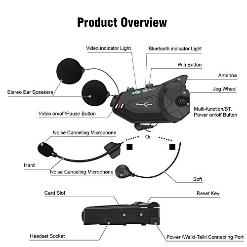 FreedConn Motorcycle Helmet Headset with Camera R1plus Bluetooth Intercom 1000M 6 Riders Waterproof Wireless FM Radio Communication Systems for Most Helmets