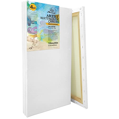 PHOENIX Watercolor Stretched Canvases, 10x20 Inch/4 Pack - 8 Oz, 3/4 Inch Profile, 100% Cotton Triple Primed White Blank Canvases for Watercolor, Acrylic, Gouache, Tempera, Crafts & Pouring Art