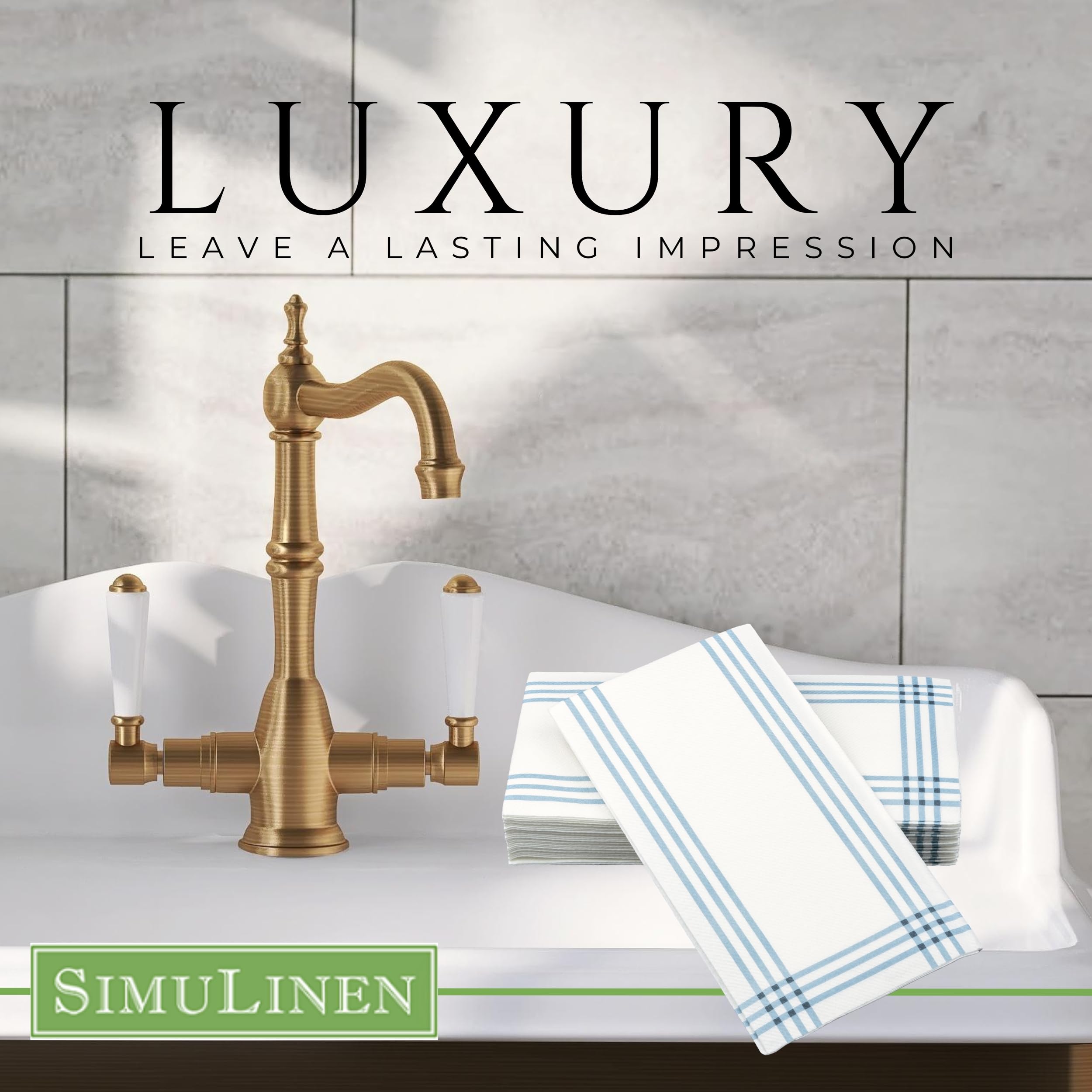 Simulinen Blue Plaid Disposable Guest Hand Towels for Bathrooms –- Linen-Feel Paper Towels, Cloth-Like Texture, Single-Use - Size: 12x17” Unfolded & 8.5x4” Folded 25ct