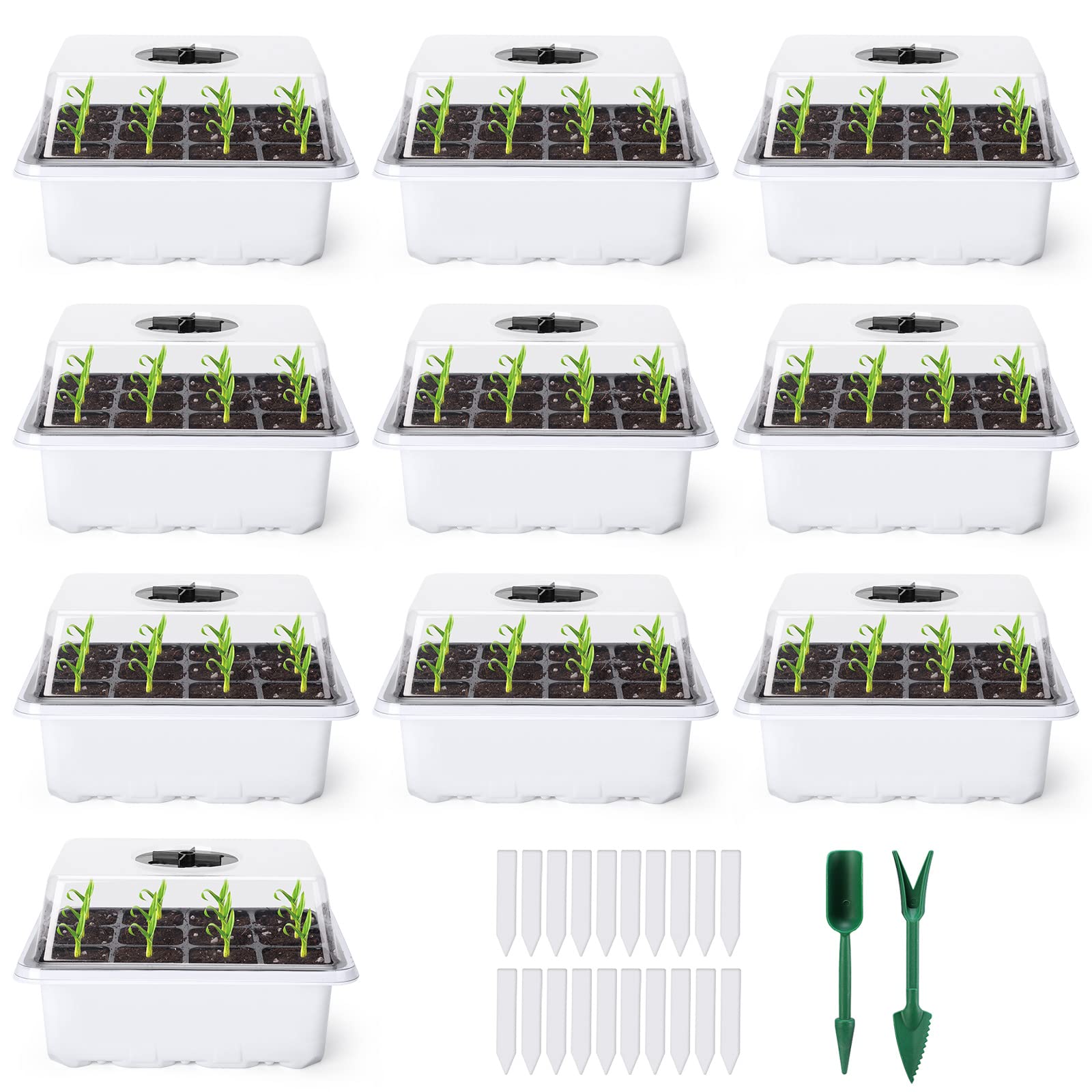 Delxo 10-Pack Seed Starter Kit Seedling Starter Tray (12 Cells per Tray) Humidity Adjustable Plant Germination Kit Garden Seed Starting Tray with Dome and White Base Plus Plant Tags Hand Tool Kit