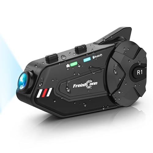 FreedConn Motorcycle Helmet Headset with Camera R1plus Bluetooth Intercom 1000M 6 Riders Waterproof Wireless FM Radio Communication Systems for Most Helmets
