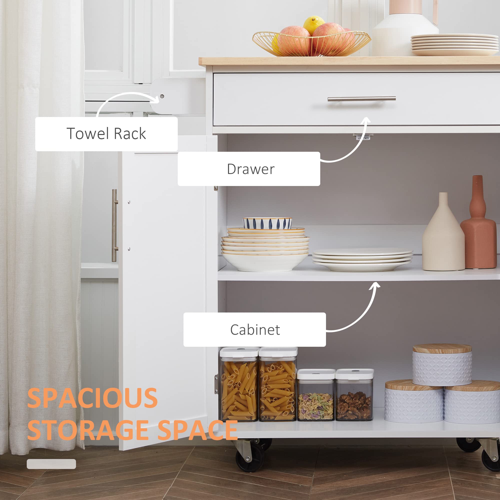 HOMCOM Kitchen Island Cart Rolling Trolley Cart with Drawer, Storage Cabinet & Towel Rack, White