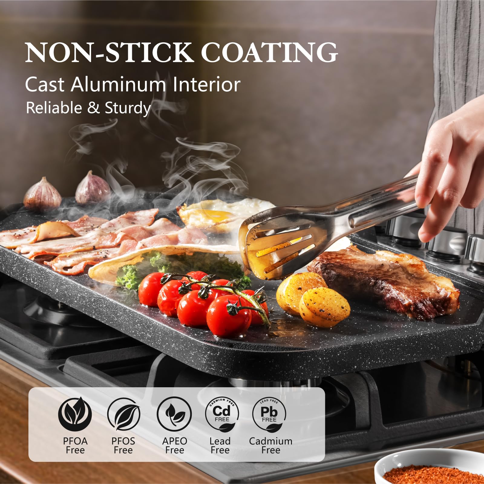 SENSARTE Nonstick Griddle Grill Pan, Pro-Grid Reversible Grill & Griddle Pan, Two Burner Cast Aluminum Griddle, Portable for Indoor Stovetop or Outdoor Camping BBQ, 19.5" x 10.7"