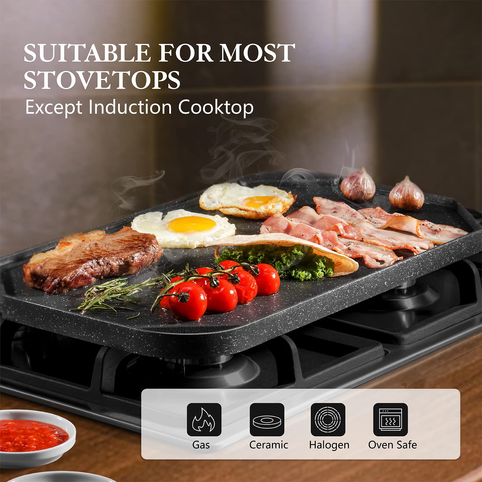 SENSARTE Nonstick Griddle Grill Pan, Pro-Grid Reversible Grill & Griddle Pan, Two Burner Cast Aluminum Griddle, Portable for Indoor Stovetop or Outdoor Camping BBQ, 19.5" x 10.7"