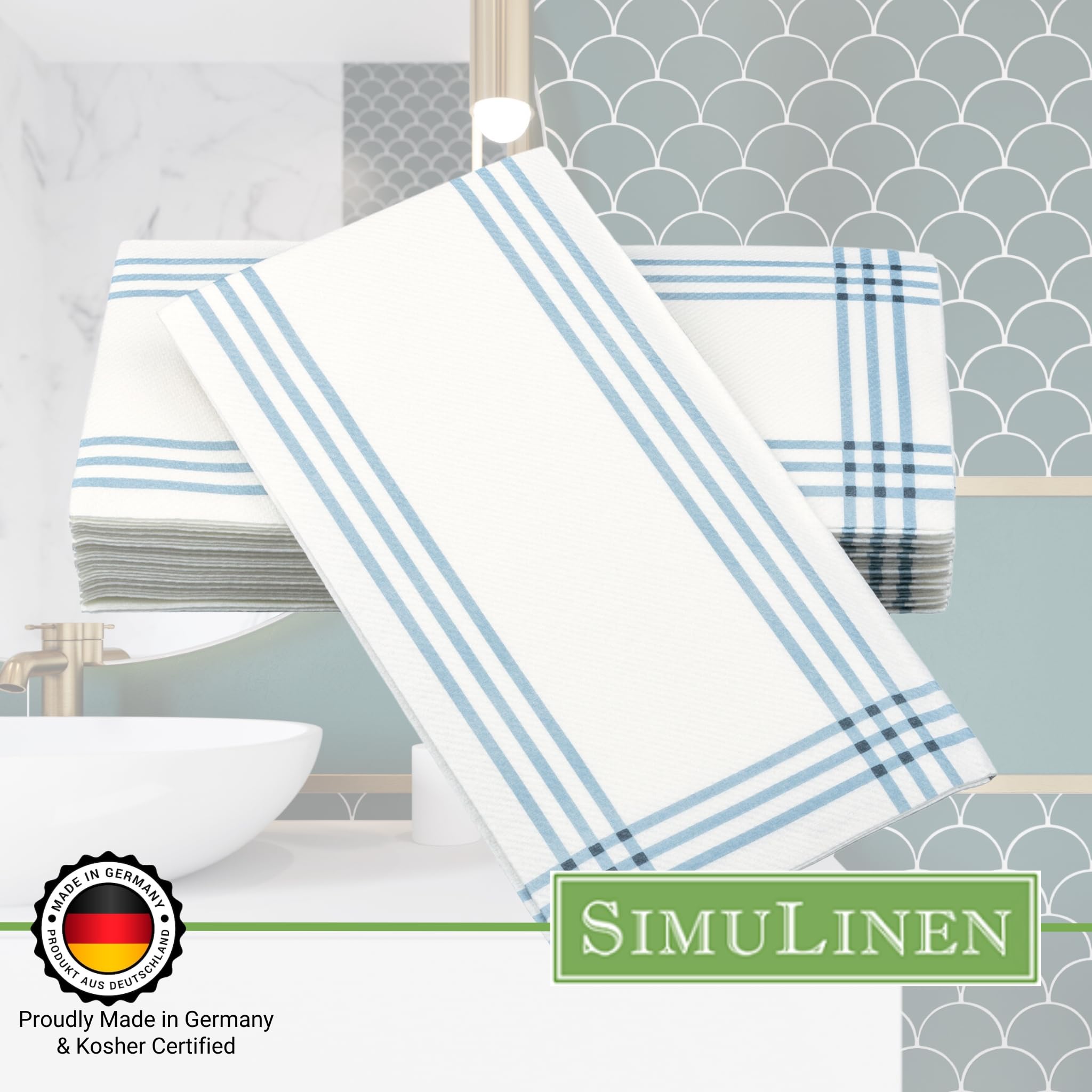 Simulinen Blue Plaid Disposable Guest Hand Towels for Bathrooms –- Linen-Feel Paper Towels, Cloth-Like Texture, Single-Use - Size: 12x17” Unfolded & 8.5x4” Folded 25ct