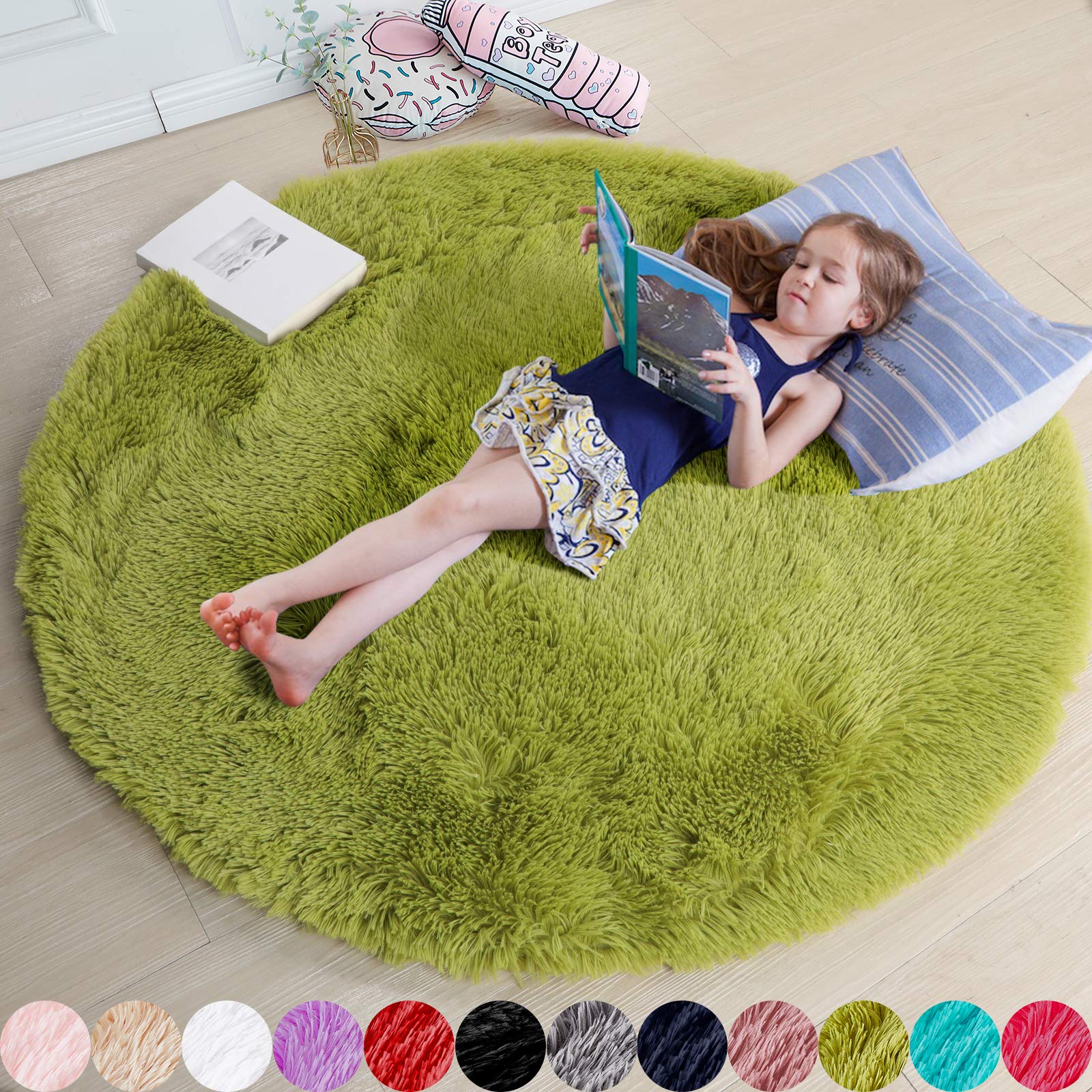Grass Green Round Rug for Bedroom,Fluffy Circle Rug 4'X4' for Kids Room,Furry Carpet for Teen's Room,Shaggy Rug for Nursery Room,Fuzzy Plush Rug for Dorm,Cute Room Decor for Baby