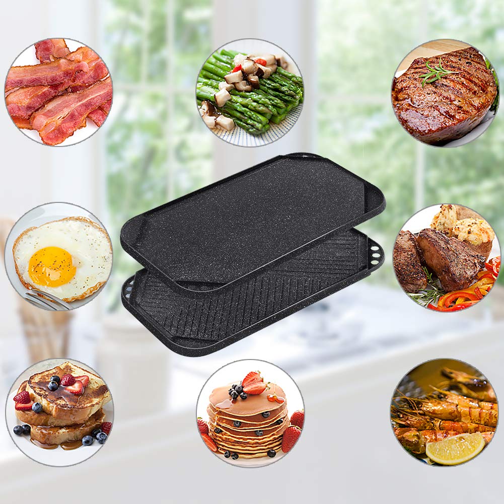 SENSARTE Nonstick Griddle Grill Pan, Pro-Grid Reversible Grill & Griddle Pan, Two Burner Cast Aluminum Griddle, Portable for Indoor Stovetop or Outdoor Camping BBQ, 19.5" x 10.7"
