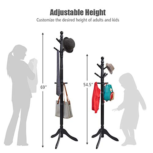 Tangkula Wood Coat Rack Freestanding, Entryway Height Adjustable Coat Stand with 9 Hooks & Stable Tri-Legged Base, Rubber Wood Coat Tree Hall Tree Coat Hanger Stand for Home Office Hall Entryway