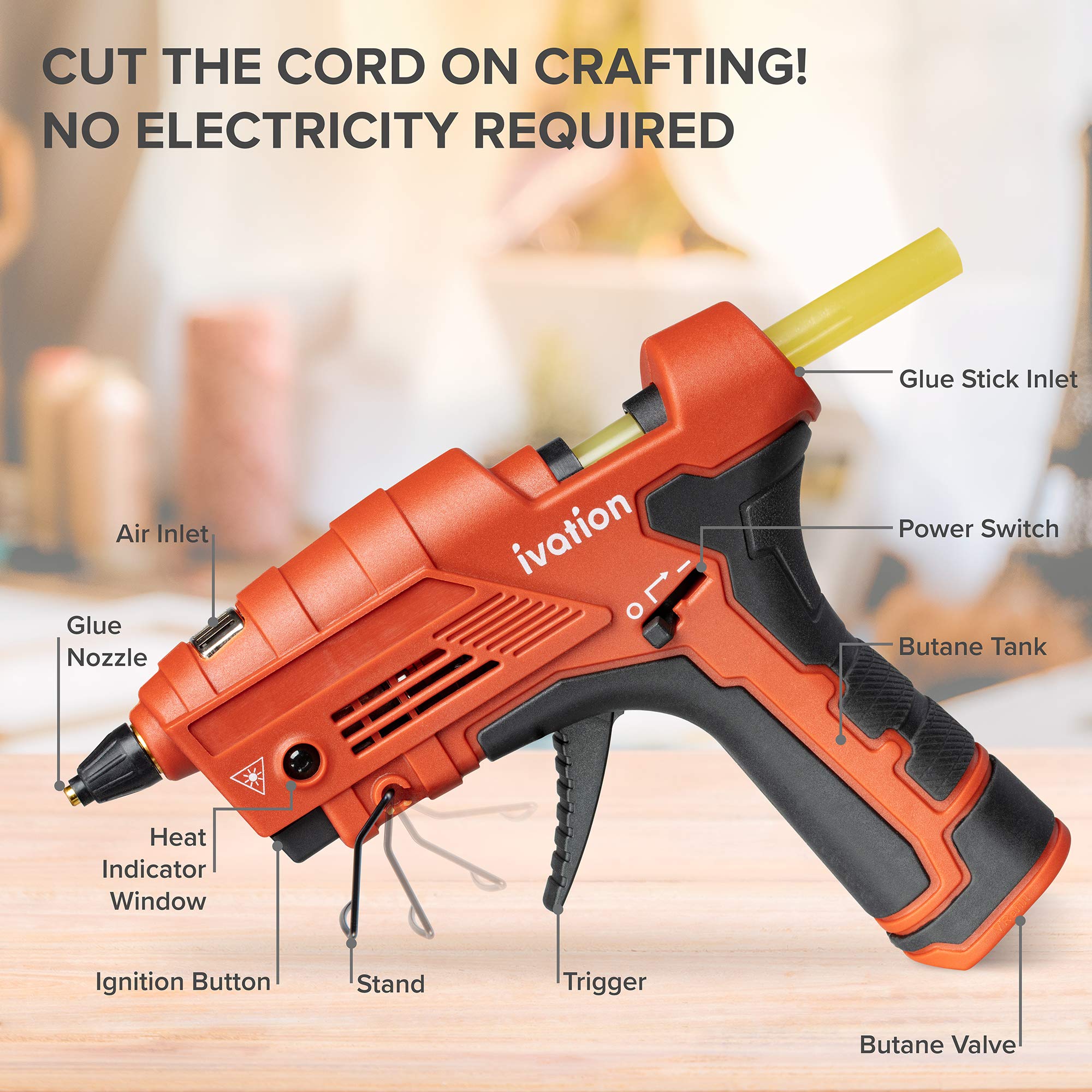 Ivation Cordless Butane Powered Glue Gun, Fast Heat-Up Gas Powered Hot GlueGun with Self-Regulating Temperature for DIY Projects, Arts & Crafts, Woodworking, Home Repairs Gift Decorations & More