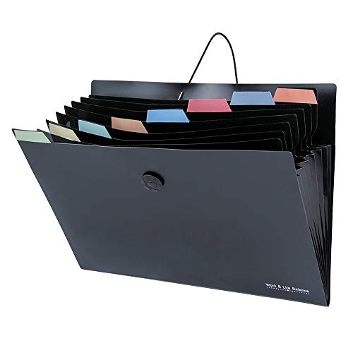 Uquelic 8 Pockets Expanding File Folder - Plastic Black Accordion Document Storage Organiser A4 Letter Size Expandable File Jacket Filing Wallets with Label (Black)