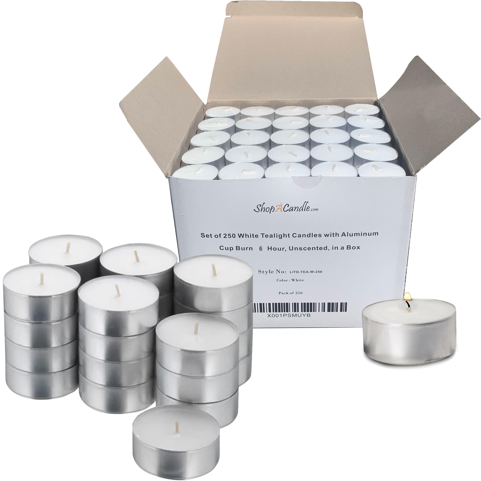 PARNOO White Tea Light Candles, 250 Pcs – 6-Hour Long Burn Time Small Candles, No Soot, Unscented with Cotton Wick in Metal Cups – Bulk Pack of Candles for Romantic Dinners, Weddings, Spas, & Hotels