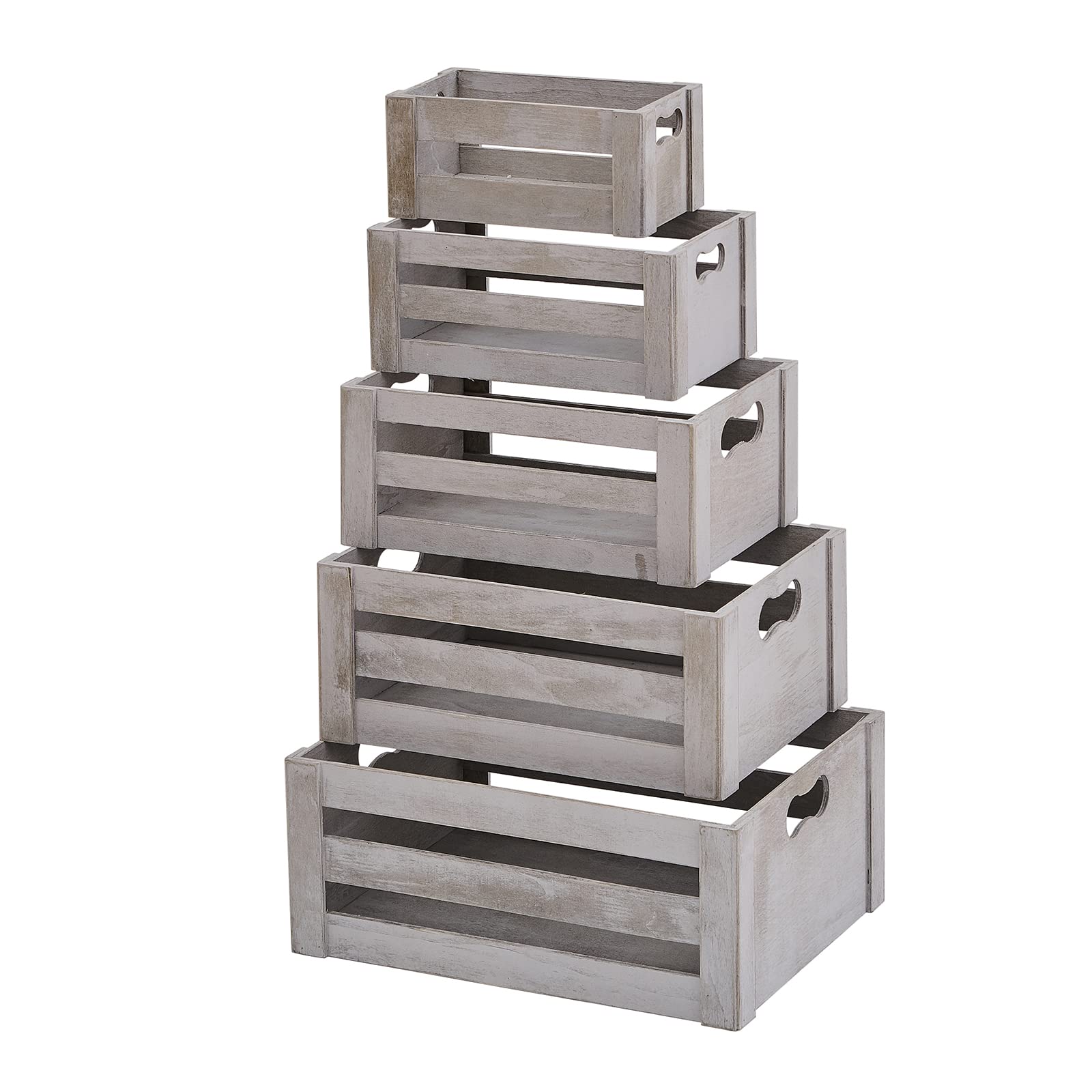 KMwares Set of 5 Vintage Rustic White Grey Wood Decorative Nesting Storage Crates with Open Handles - Multipurpose Wood Crafted Boxes/Bathroom Kitchen,Laundry Crates/Fruits & Vegetables Boxes