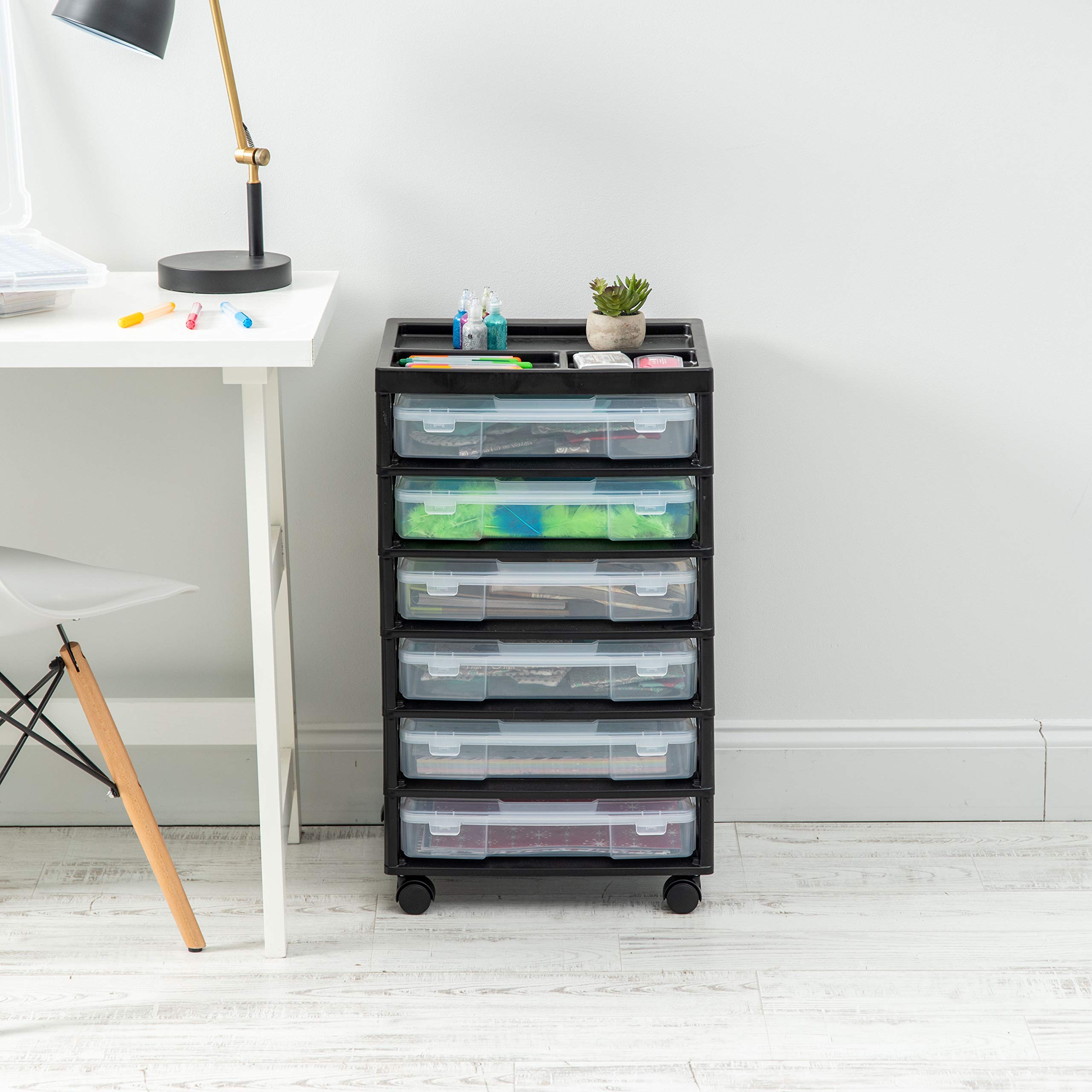 IRIS 4-Drawer Rolling Storage Cart with Organizer Top, Black with IRIS 6-Drawer Scrapbook Cart with Organizer Top, Black