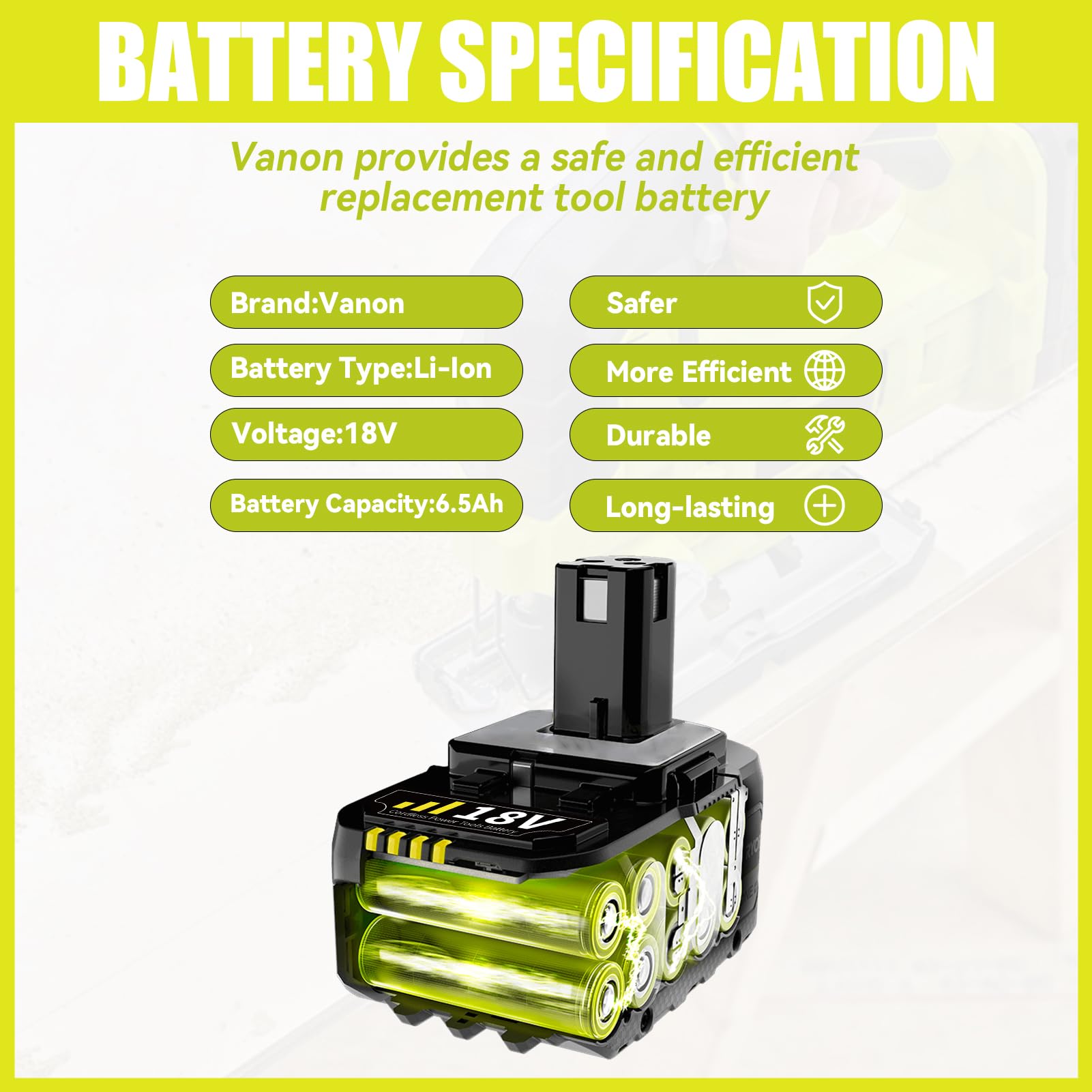 VANON Upgrade to 18V 6.5Ah P108 Battery + P117 Fast Charger Dual Chemistry IntelliPort Replacement for Ryobi 18Volt Battery and Charger Lithium ion Batería Combo Pack