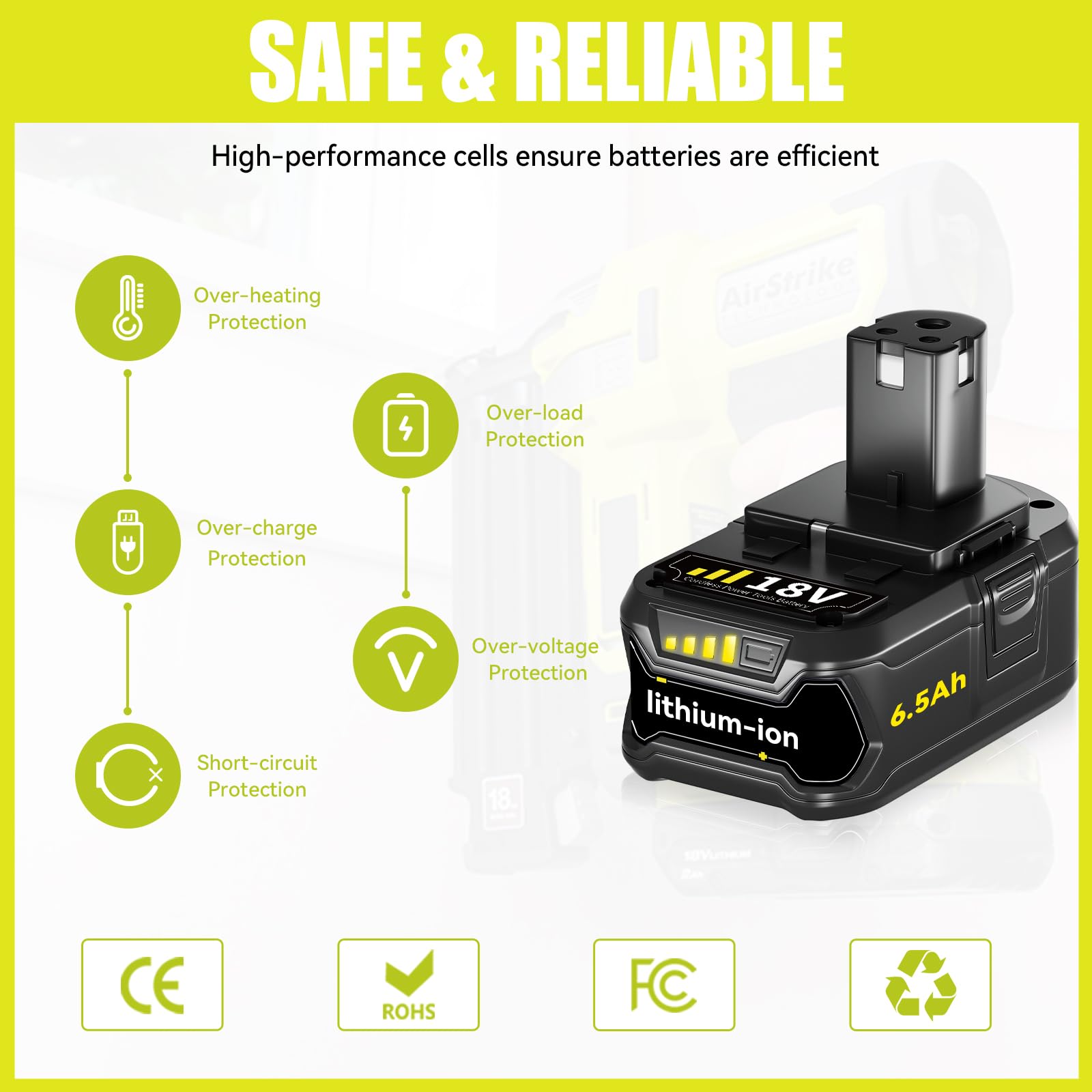VANON Upgrade to 18V 6.5Ah P108 Battery + P117 Fast Charger Dual Chemistry IntelliPort Replacement for Ryobi 18Volt Battery and Charger Lithium ion Batería Combo Pack