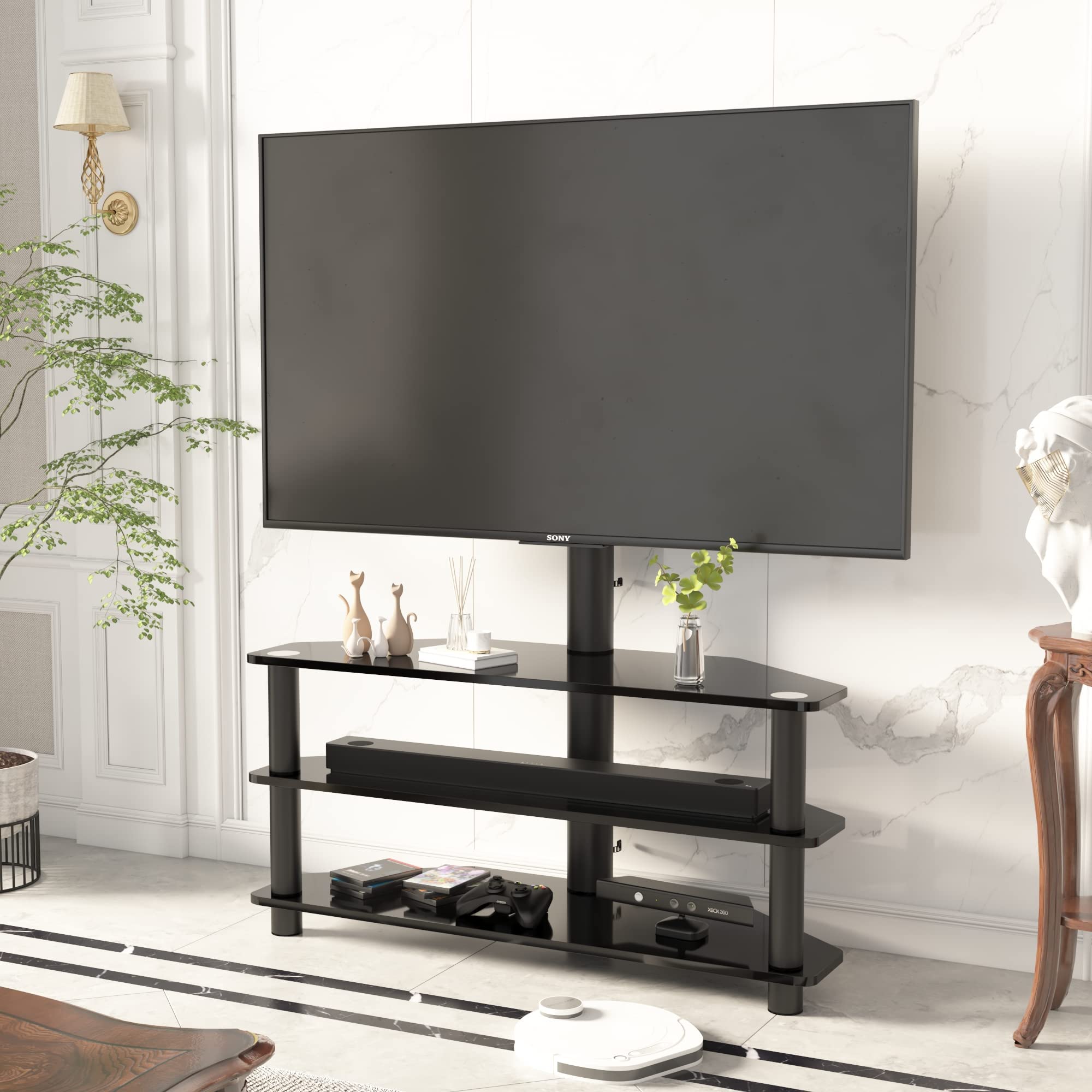 IANIYA Swivel Floor TV Stand Height Adjustable Bracket Entertainment Stand for 32 to 65 inch TV | 3-Tier BlackTempered Glass Multi-Function TV Stand