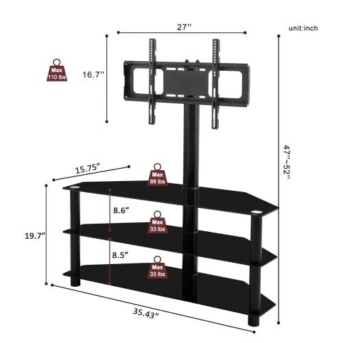 IANIYA Swivel Floor TV Stand Height Adjustable Bracket Entertainment Stand for 32 to 65 inch TV | 3-Tier BlackTempered Glass Multi-Function TV Stand