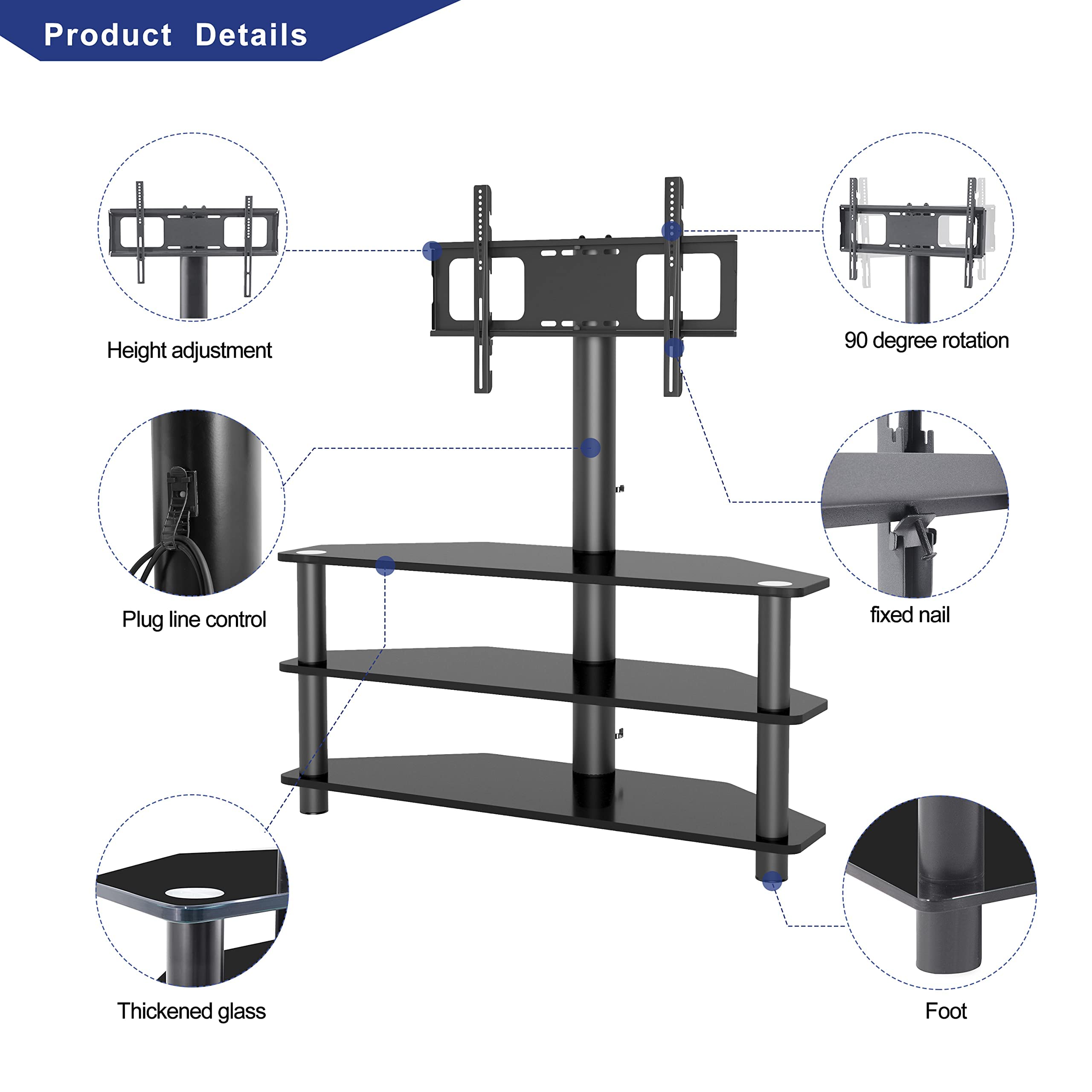 IANIYA Swivel Floor TV Stand Height Adjustable Bracket Entertainment Stand for 32 to 65 inch TV | 3-Tier BlackTempered Glass Multi-Function TV Stand