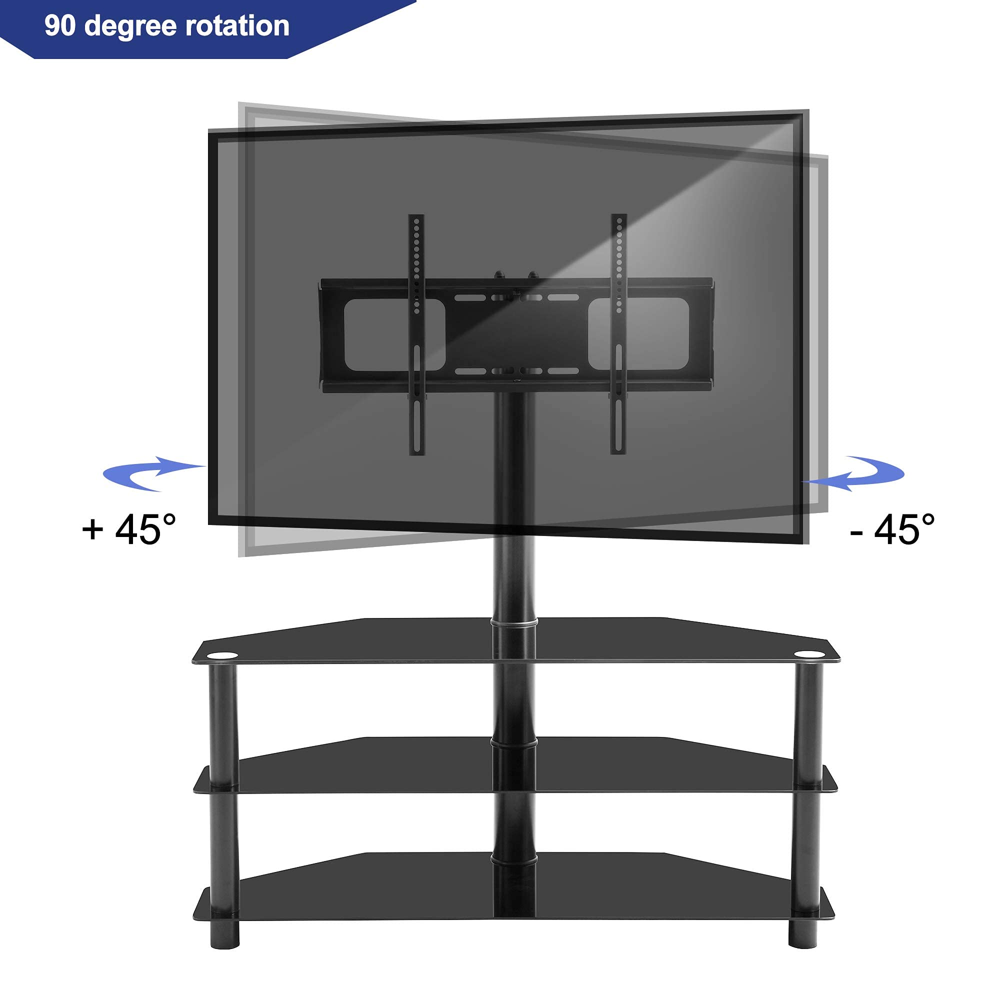 IANIYA Swivel Floor TV Stand Height Adjustable Bracket Entertainment Stand for 32 to 65 inch TV | 3-Tier BlackTempered Glass Multi-Function TV Stand