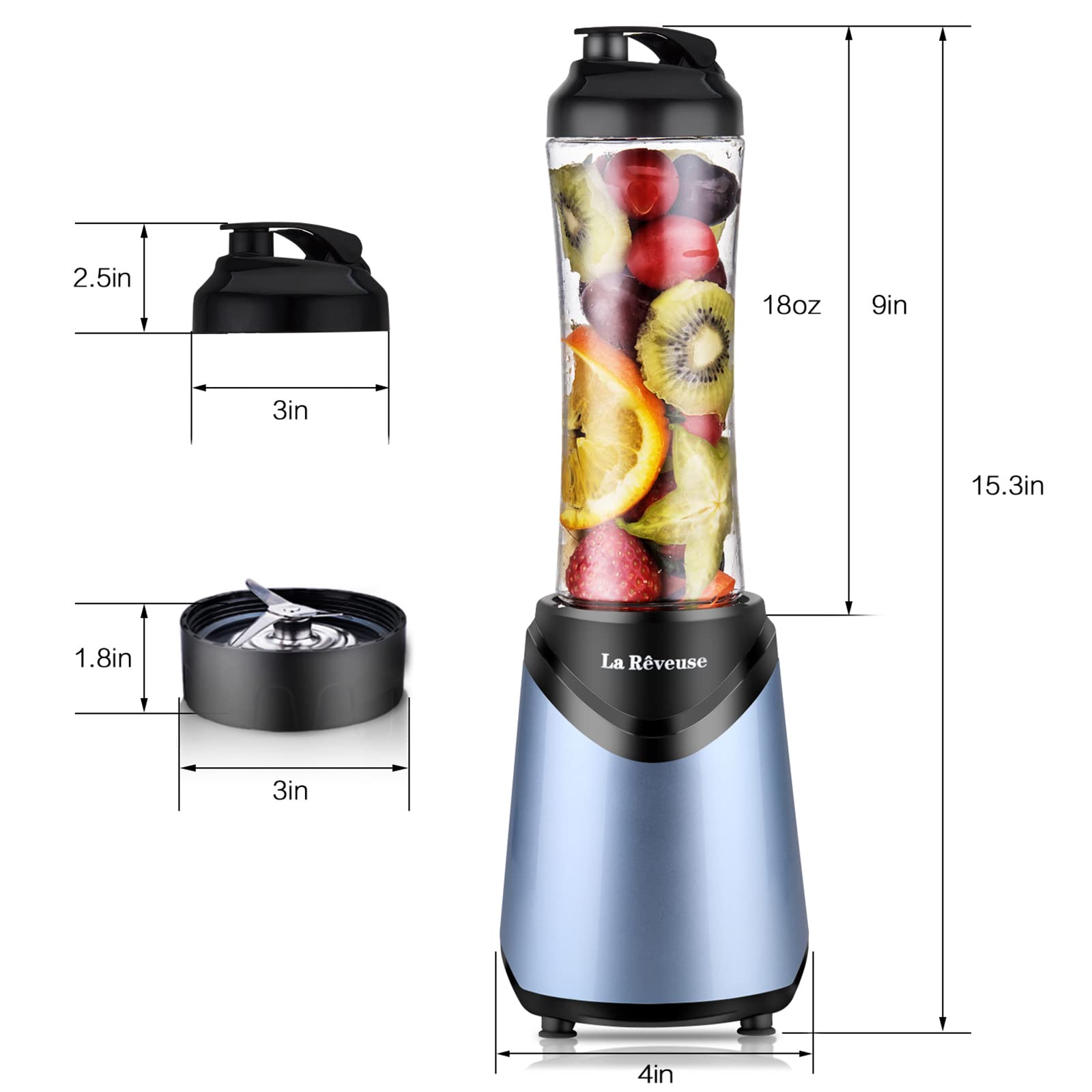 La Reveuse Smoothies Blender Personal Size 300 Watts with 18 oz BPA-free Portable Travel Sports Bottle (Light Blue)