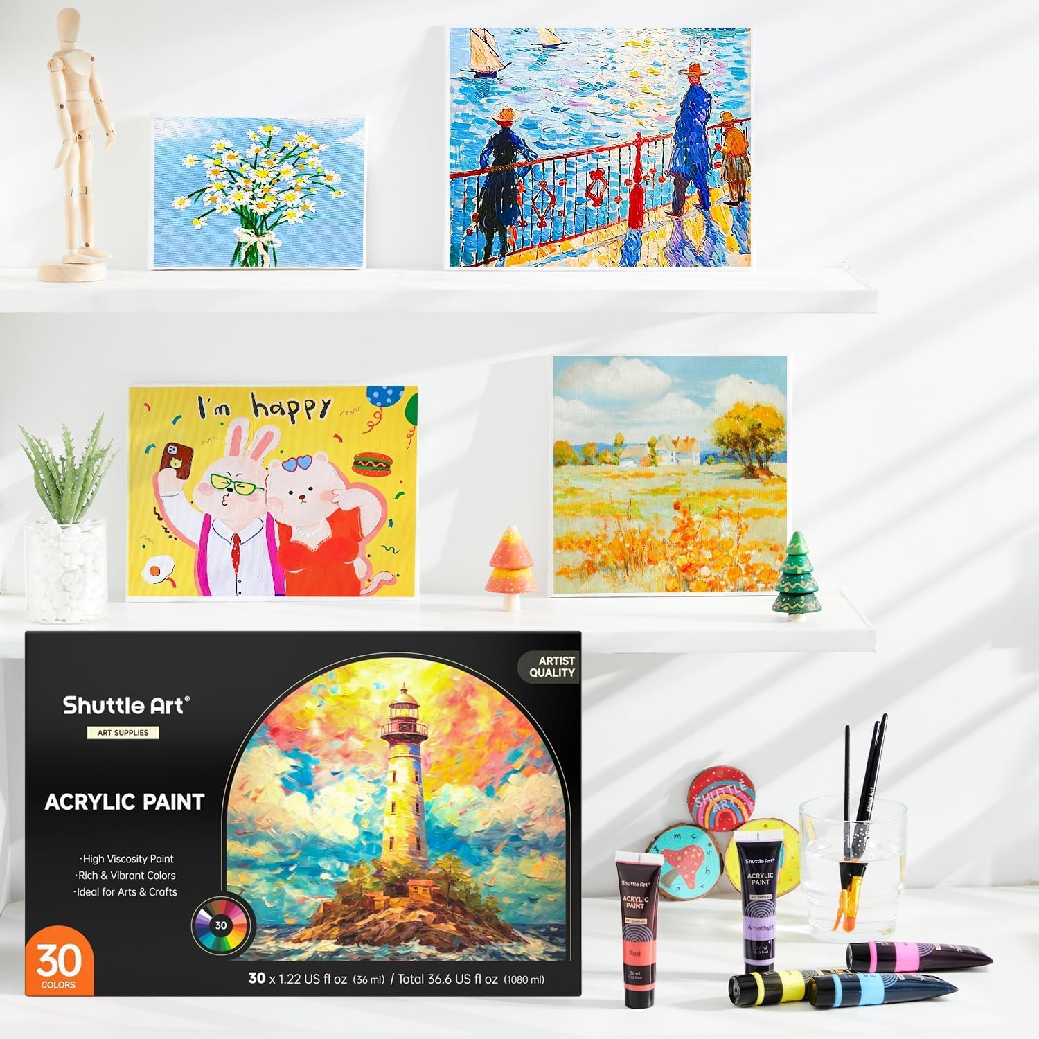Shuttle Art 30 Colors Acrylic Paint Set, 36ml Tubes with 3 Brushes, Artist Grade Acrylic Paint, for Kids Adults Beginners, Painting on Crafts Canvas Wood Rocks