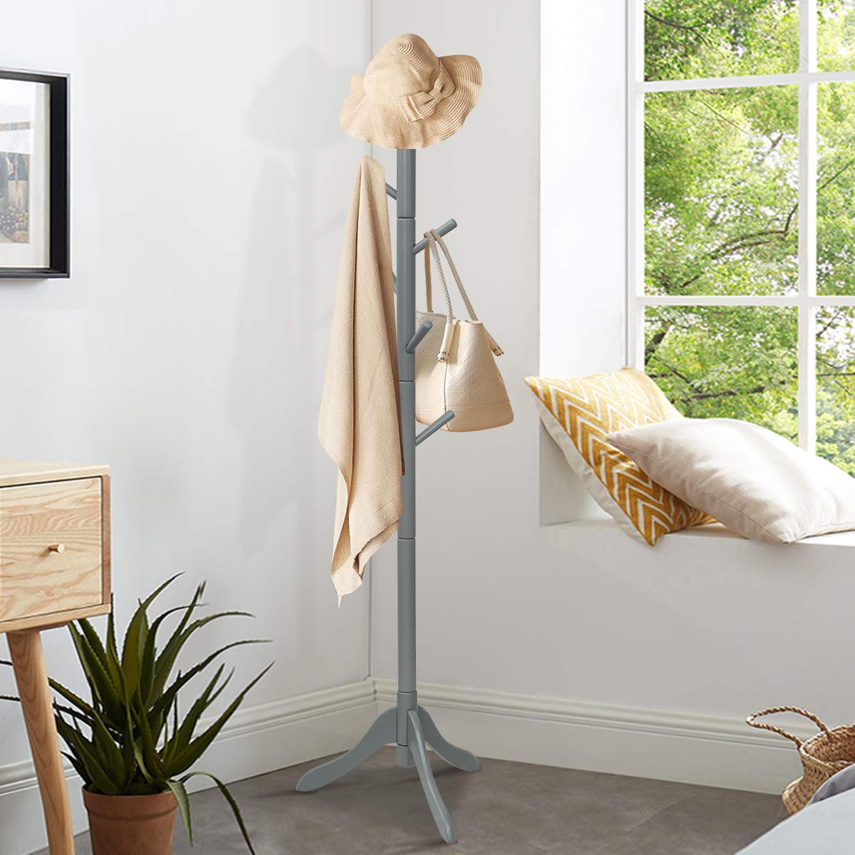 Tangkula Wooden Tree Coat Rack Freestanding, Entryway Coat Stand with 8 Hooks, Height Adjustable Coat Tree, Coat Hanger Stand for Home Office Hall Entryway