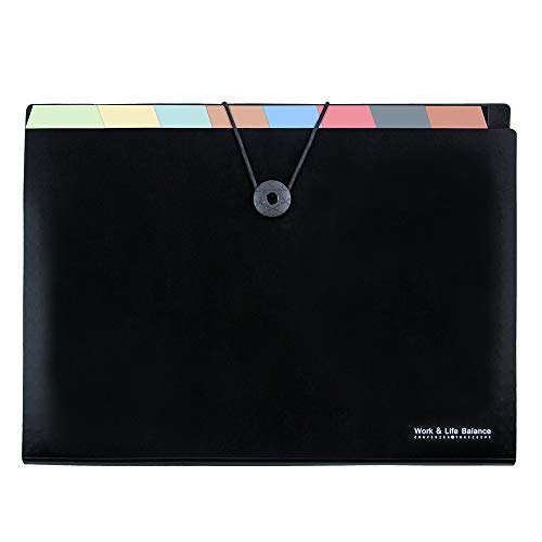Uquelic 8 Pockets Expanding File Folder - Plastic Black Accordion Document Storage Organiser A4 Letter Size Expandable File Jacket Filing Wallets with Label (Black)