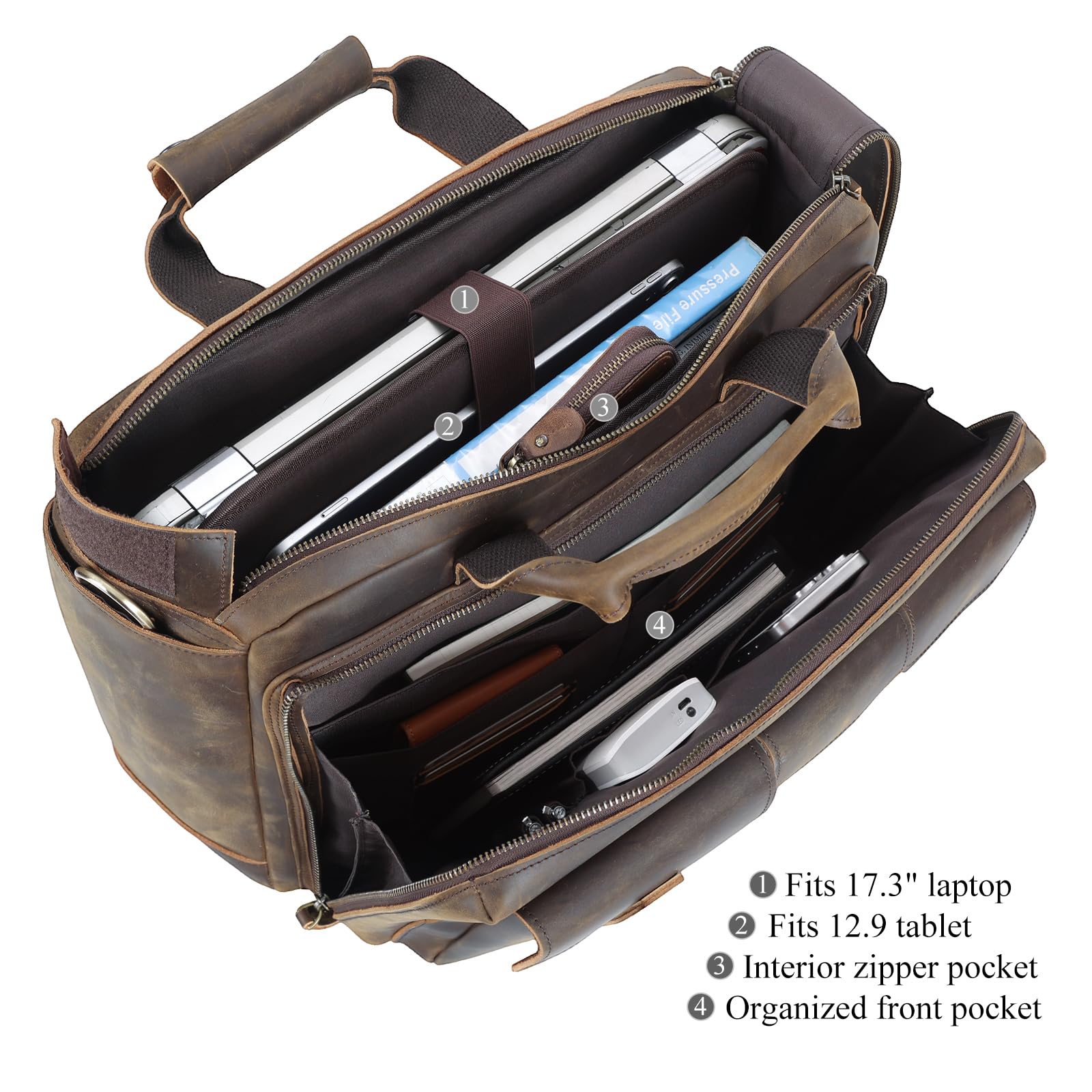 TIDING Full Grain Leather Briefcase For Men 17.3 Inch Laptop Case Multi Pockets Business Travel Messenger Bag