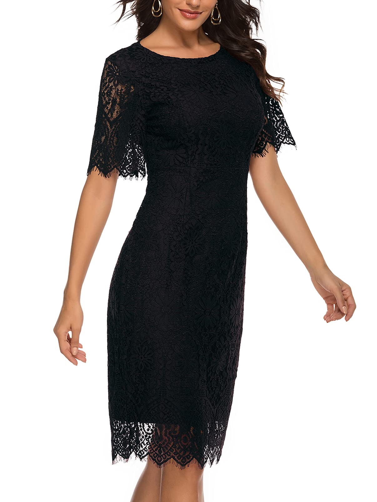 MEROKEETY Women's Short Sleeve Lace Floral Cocktail Dress Crew Neck Knee Length for Party, ShortBlack, Medium