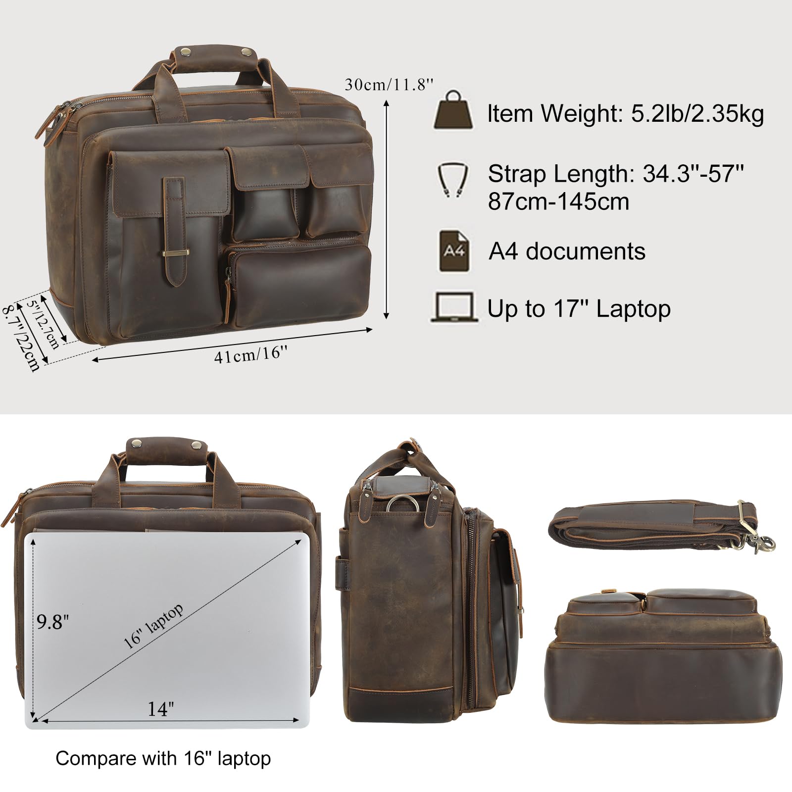 TIDING Full Grain Leather Briefcase For Men 17.3 Inch Laptop Case Multi Pockets Business Travel Messenger Bag