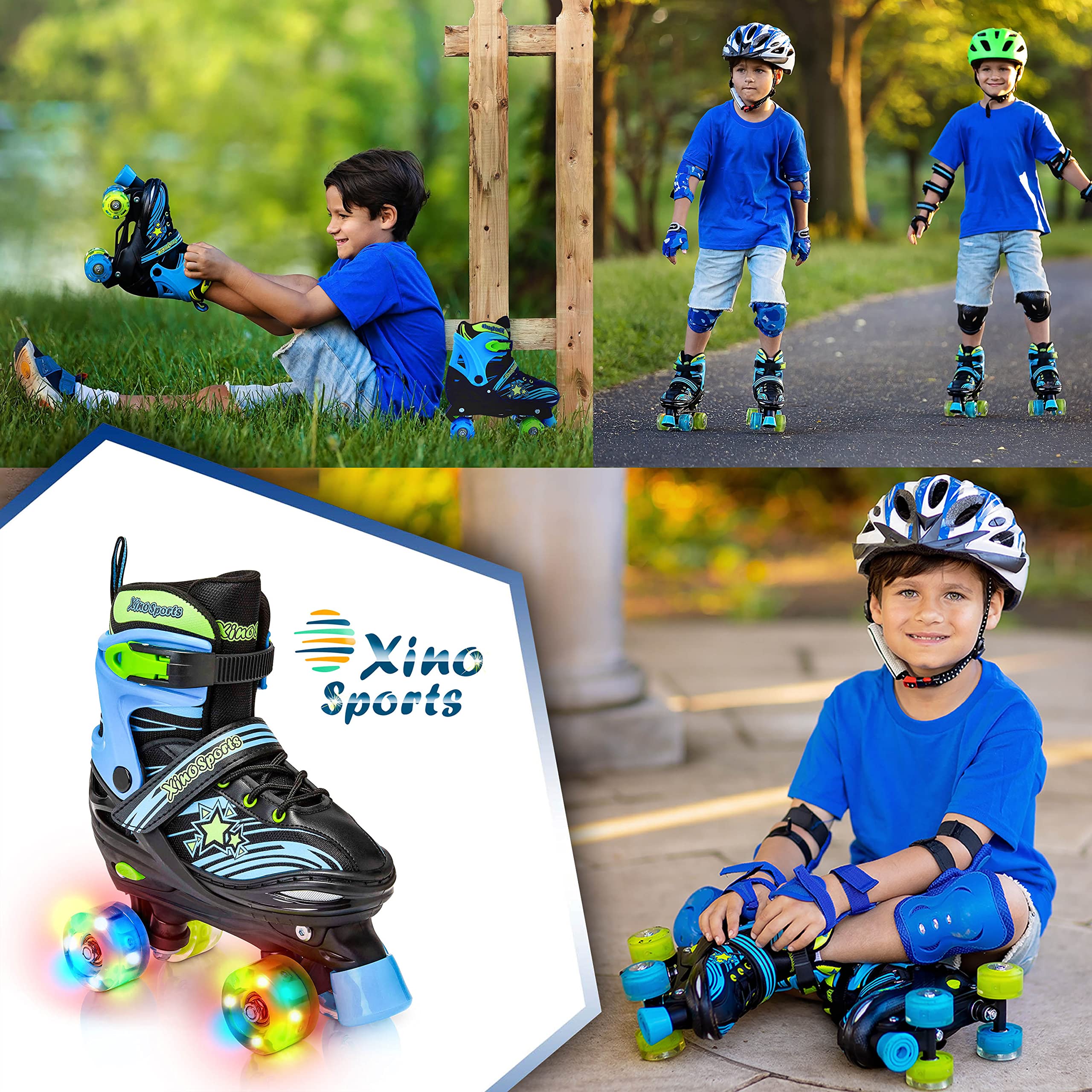 Xino Sports Kids Roller Skates for Boys & Girls - Light Up Wheels (Ages 5-20) - Adjustable Roller Skates with Illuminating Wheels (Black, Large 5-8)
